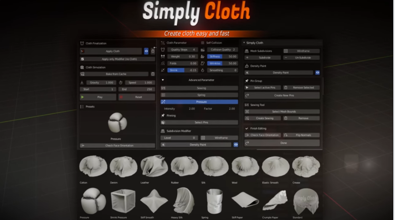 Simply Cloth - Blender Addon.mp4
создать можно одежду и другие вещи из ткани