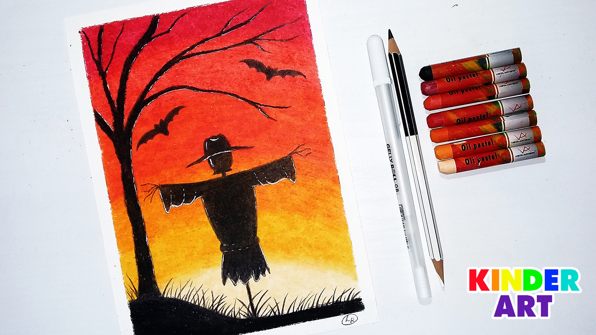 Как нарисовать чучело / пугало масляной пастелью - Рисунки на Хэллоуин