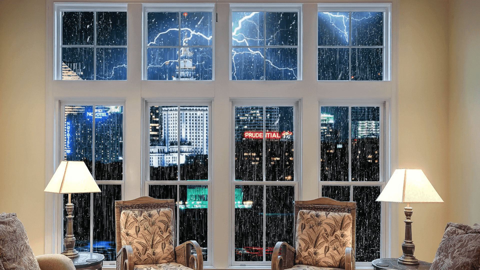 Шум дождя на окне со звуками грома