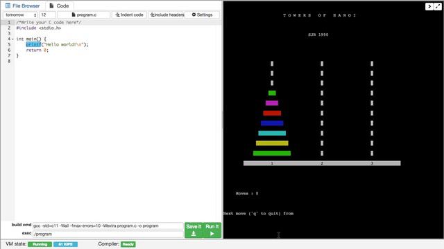 Play with commands: hello, worm, firework, rain, hanoi