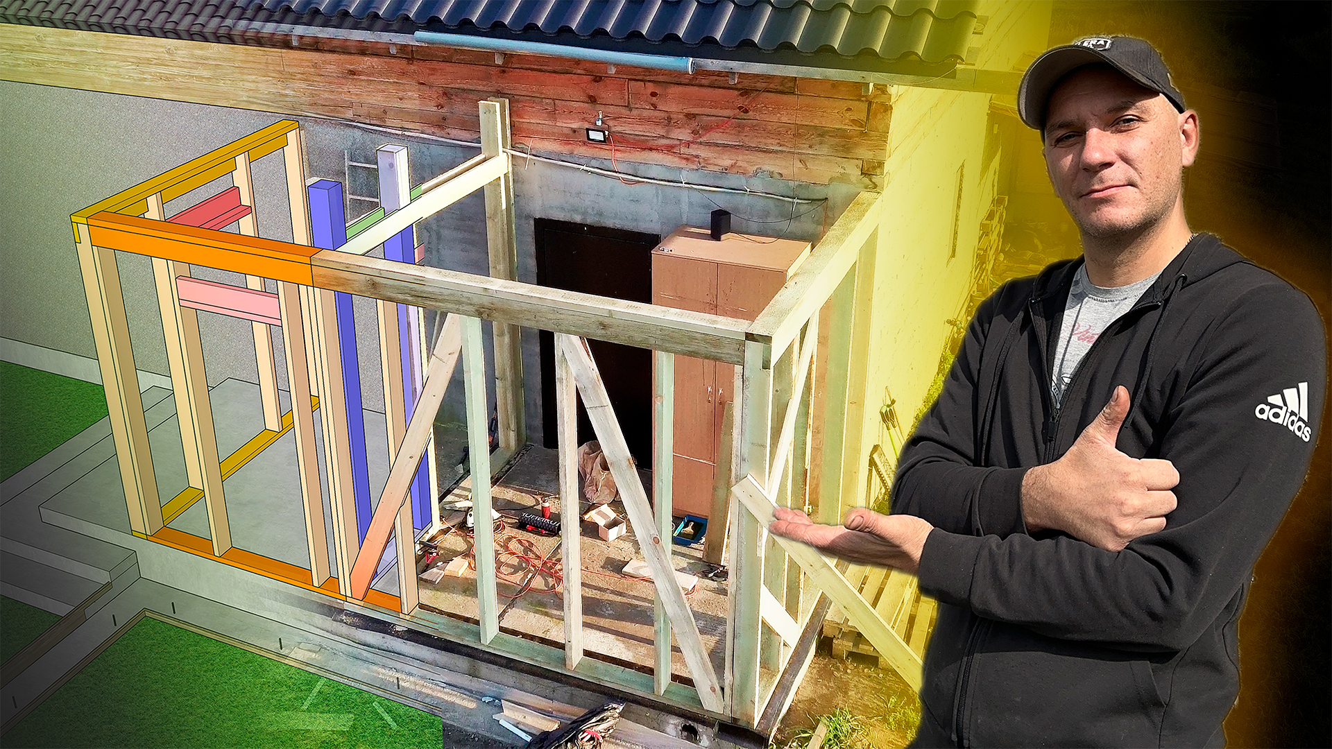 ОДИН ПОСТРОИЛ КАРКАСНЫЕ СТЕНЫ пристройки 6 на 2.5м. за 3 дня по проекту SketchUp