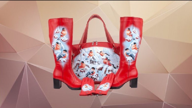 Женские сапоги, сумка и перчатки "Снегири на ветке" Pelle-Volare