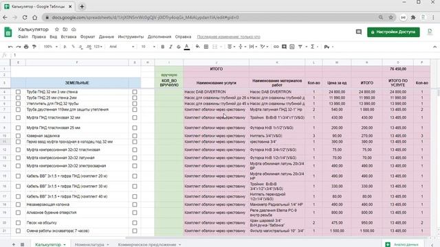 Коммерческое предложение в Google таблицах. Формирование, выбор галочками.