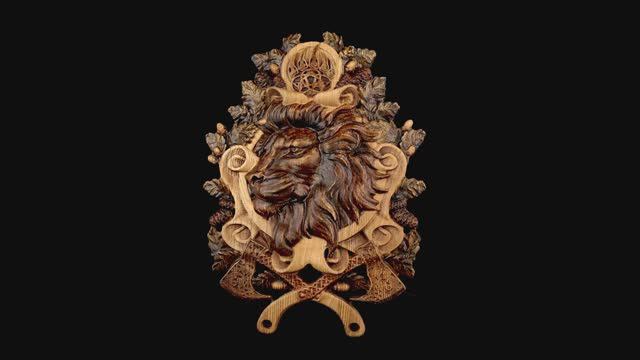 Панно резное Лев из дерева с топорами №2