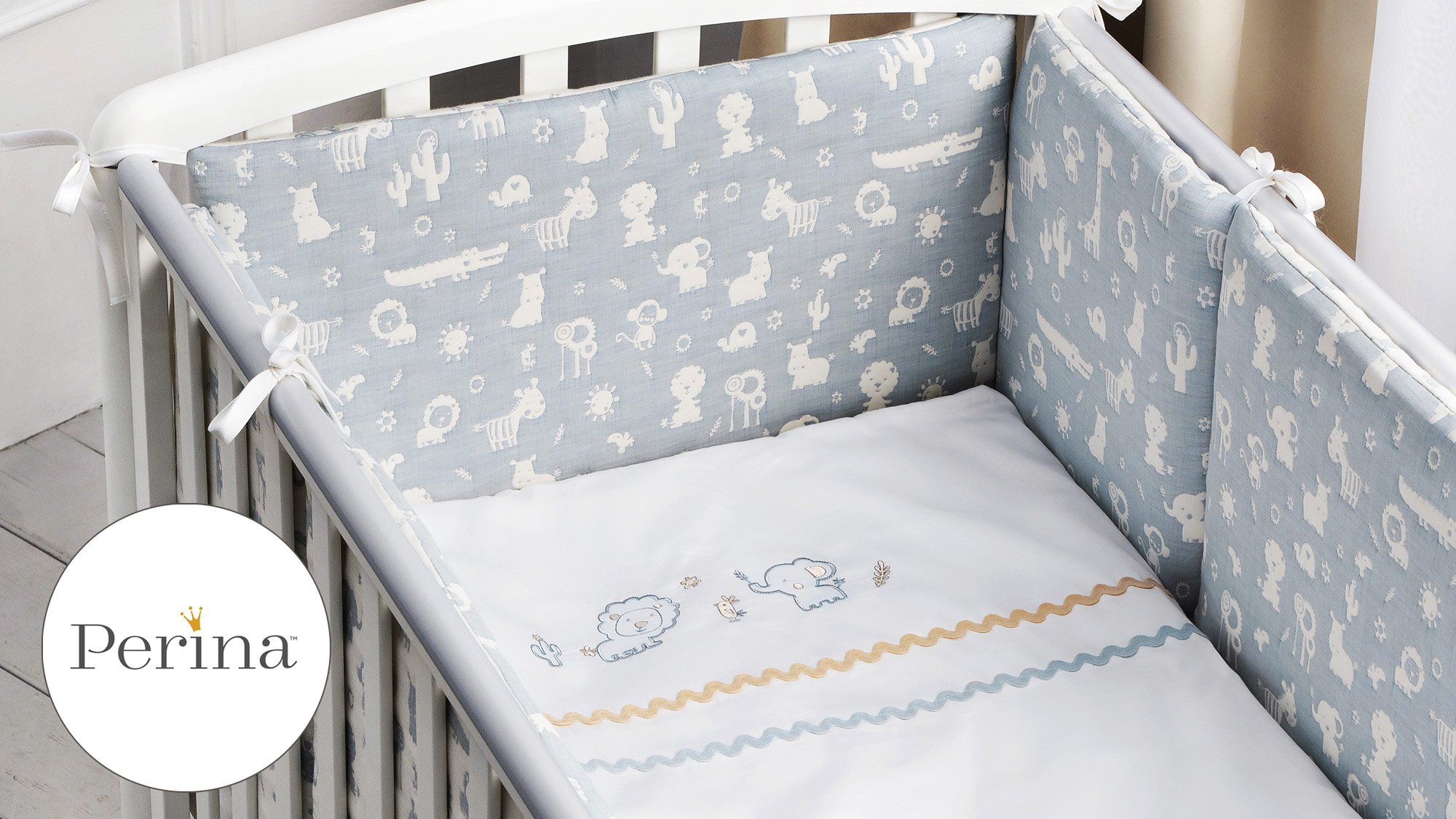 Детское постельное белье Perina. Комплект в кроватку Toys Зверюшки голубые.