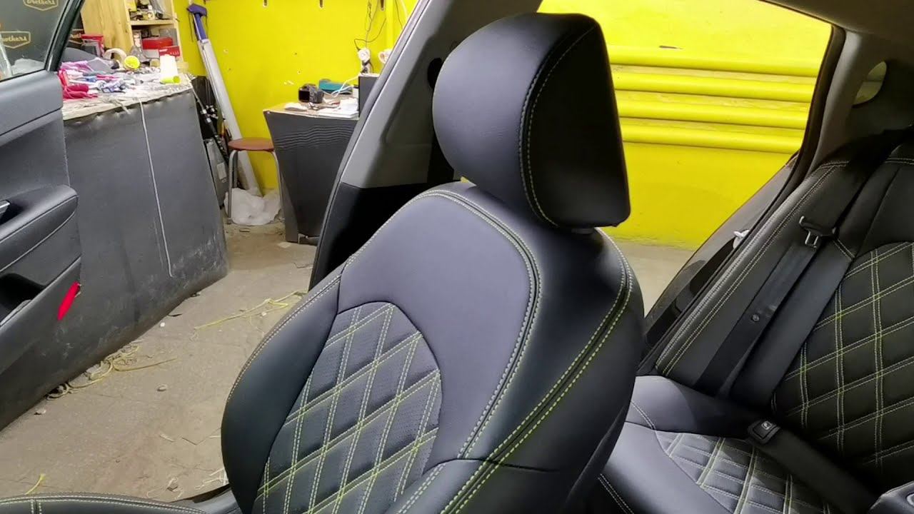 Чехлы на Kia Optima 4, серии "Premium" с ромбами - желтая строчка