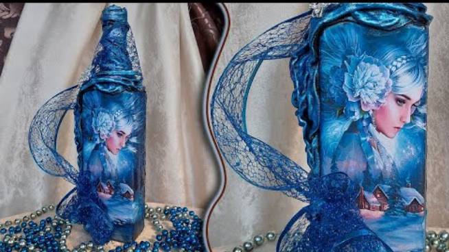 Мастер класс декупажа бутылка"Снегурочка"