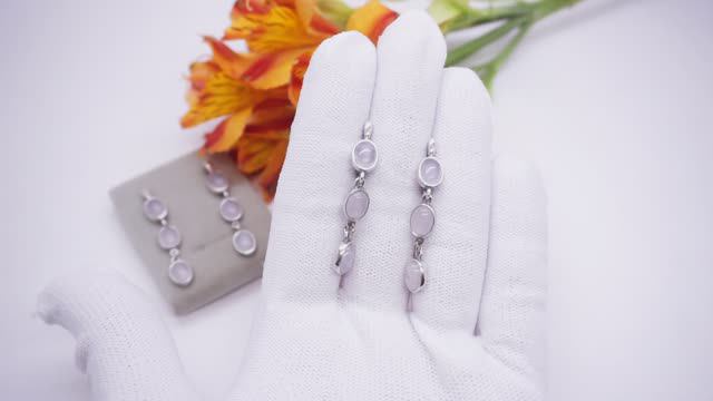 Серьги подвески кварц розовый натуральный камень посеребрение длинные 4055 Хорошие Вещи